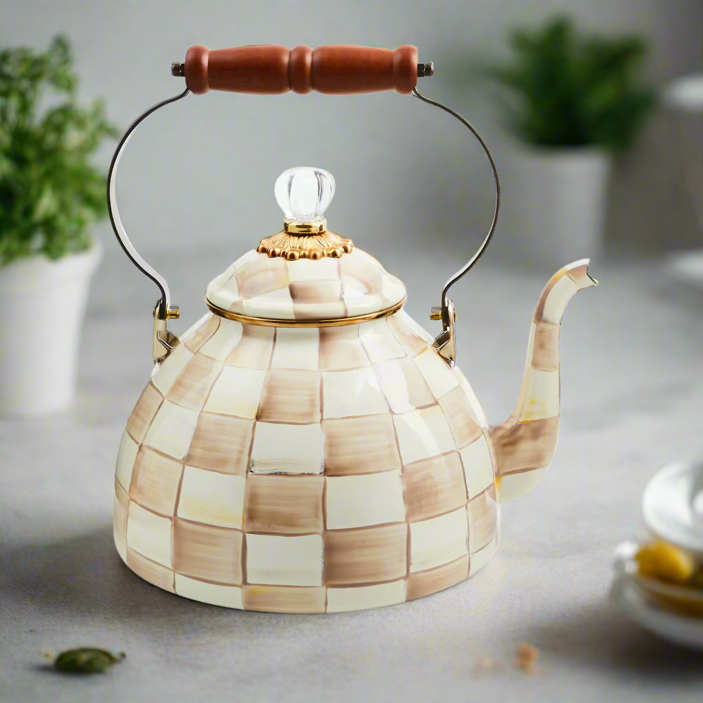 Mackenzie-Childs Mocha Check Enamel Kettle, 3 Quart – David Shuttle Ltd